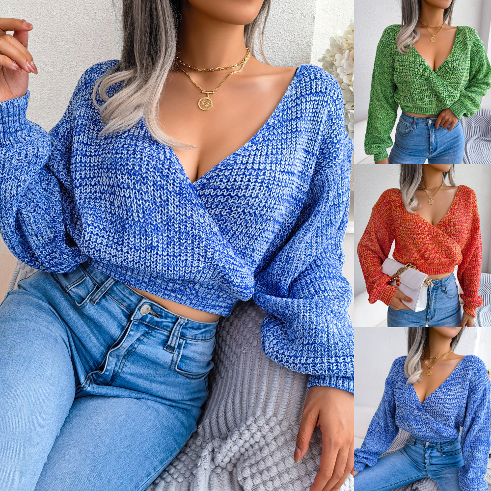 Colorful Cross V Neck Lantern Sleeve Sweater