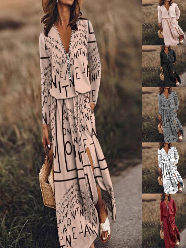 Casual Large Print Waist Zipper Letter Dress