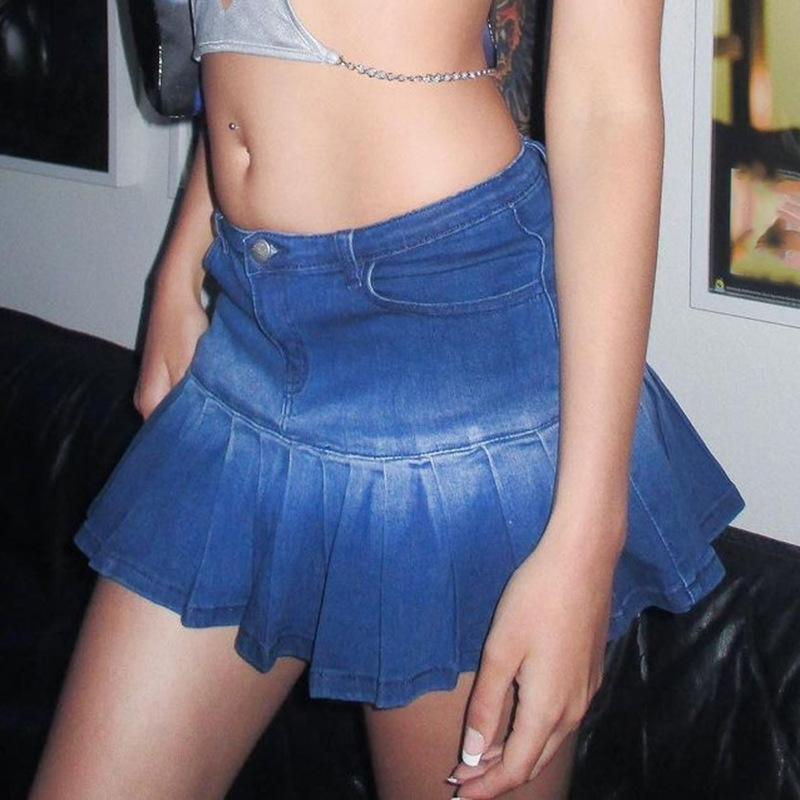 Sexy Pleated Denim Short Skirt